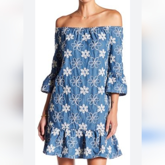 ECI | Dresses | Eci New York Blue Chambray Floral Embroidered Ruffle ...